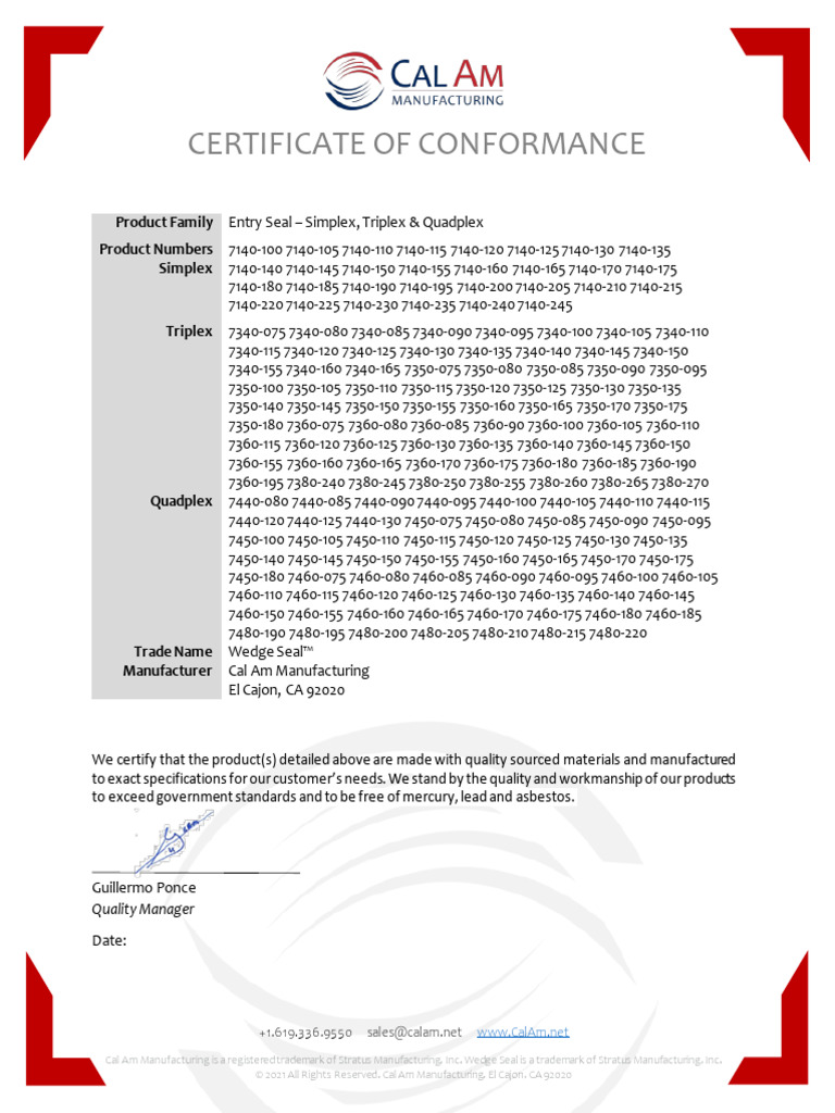 Cal Am ENTRY SEAL Certificate of Conformance | PDF | Business Law ...