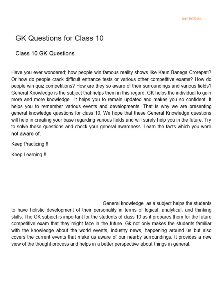 GK Questions For Class 10 | PDF | Knowledge