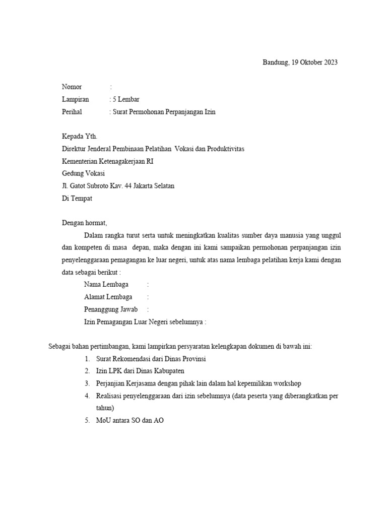Contoh Surat Permohonan Perpanjangan Izin So Pdf