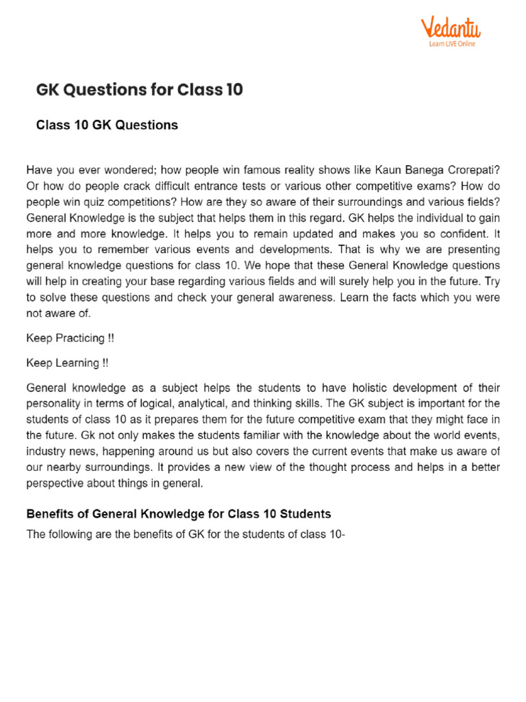 GK Questions For Class 10 | PDF GK Questions For Class 10 | PDF