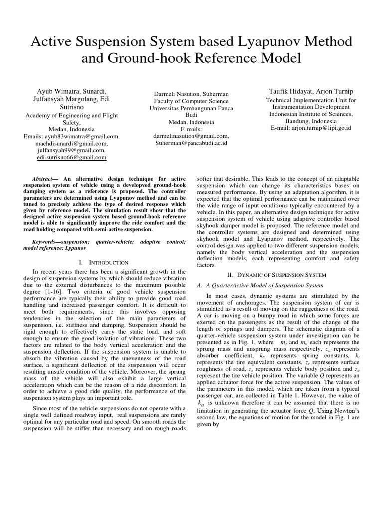 Active Suspension System Based On Lyapunov Method and Ground-Hook ...