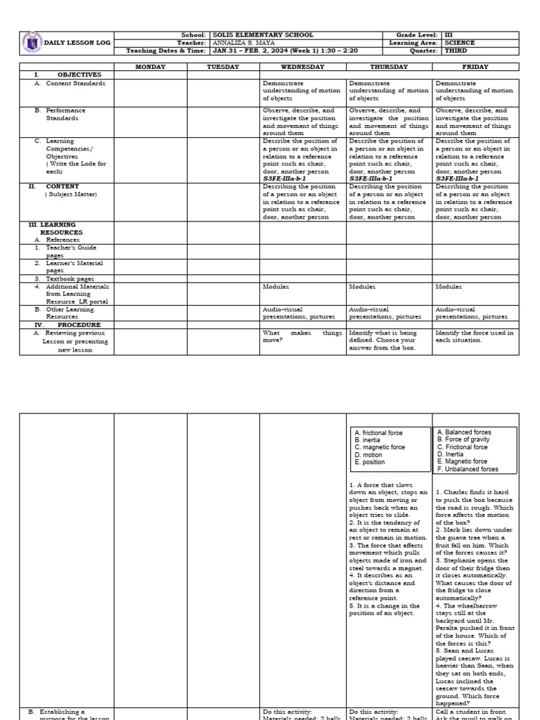 DLL SCIENCE 3 Q3 WEEK 1 DescribeThePositionofAPersonOranObject | PDF | Force | Friction
