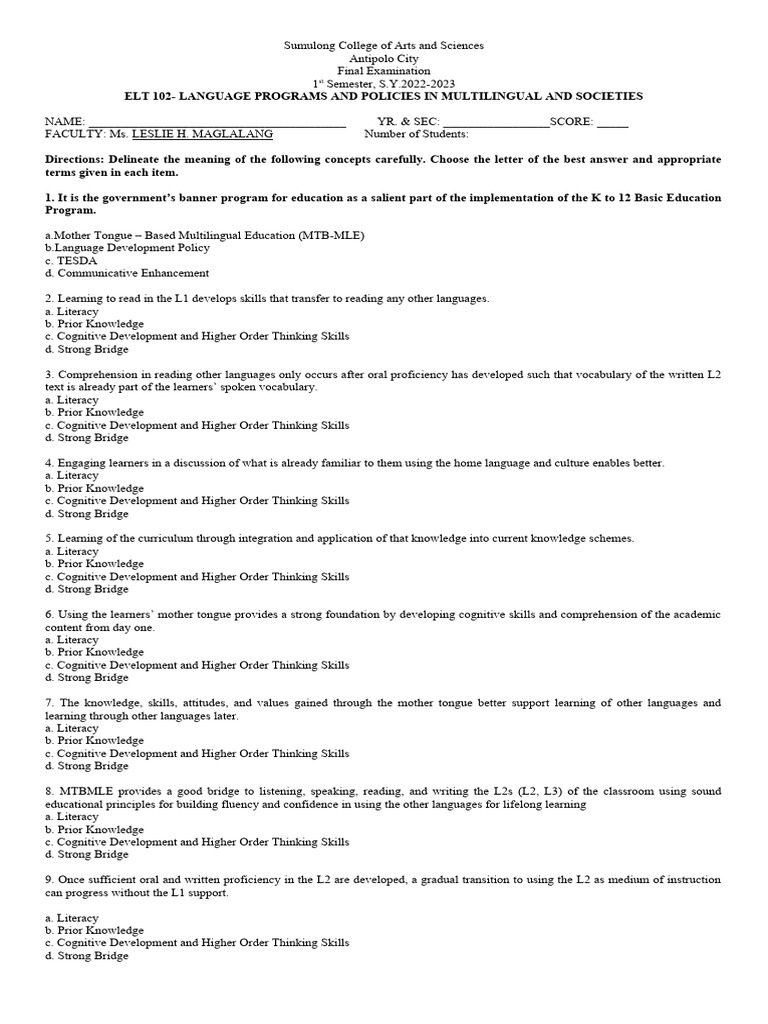 Finals ELT 102 | PDF | Second Language | Phonics