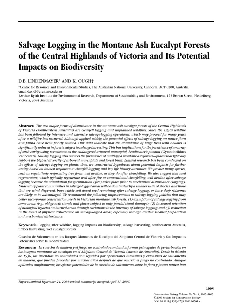 Salvage Logging in the Montane Ash Eucalypt Forests of the Central Highlands of Victoria and Its ...