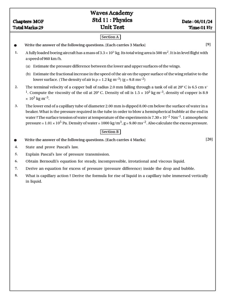 UnitTest - D08 Jan 2024 | PDF | Pressure | Density UnitTest - D08 Jan 2024 | PDF | Pressure | Density