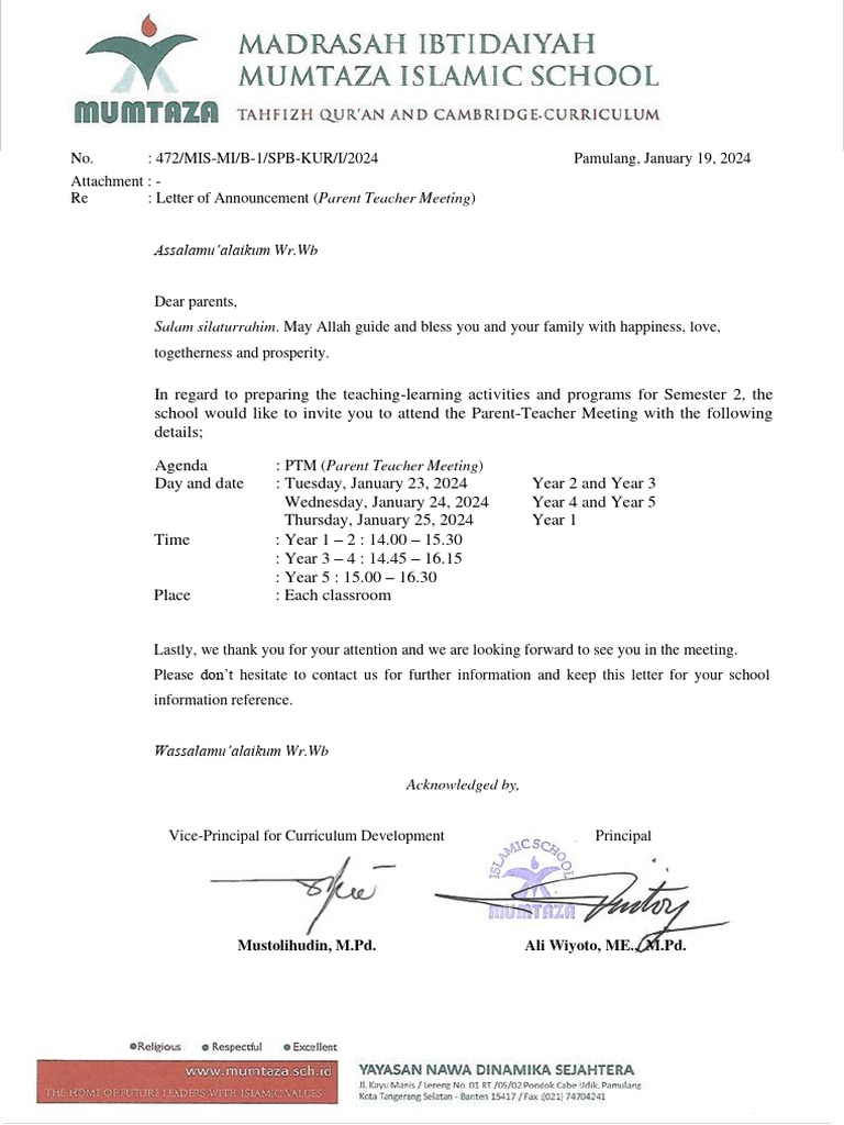 Announcement Letter of PTM 2nd Semester | PDF