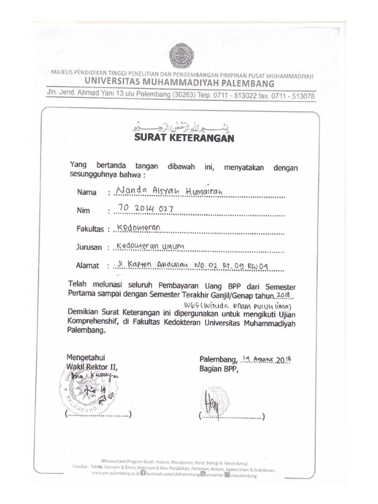 Surat Keterangan Bebas BPP Nanda Aisyah Humairah | PDF