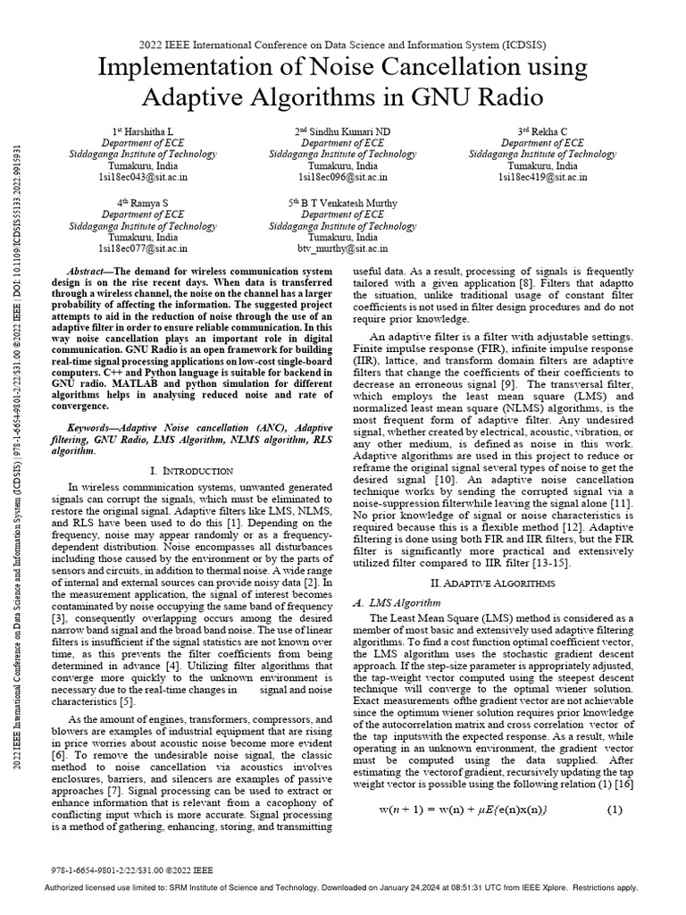Implementation of Noise Cancellation Using Adaptive Algorithms in GNU Radio | PDF | Algorithms ...