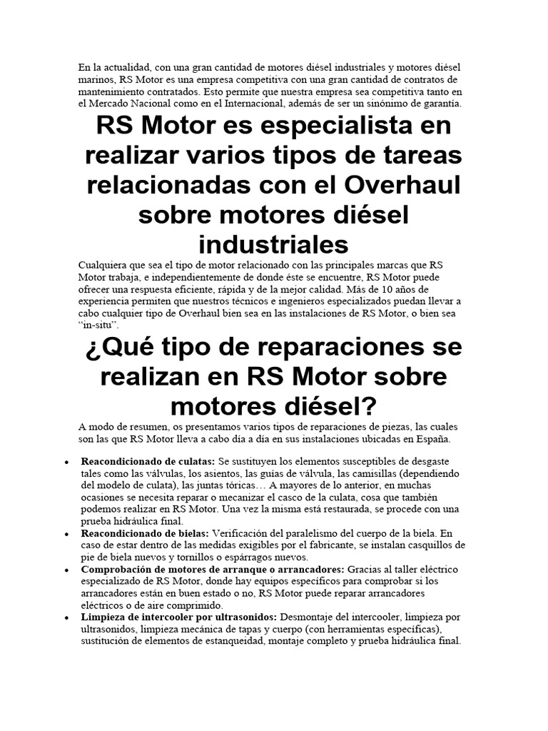 RS Motor: Overhaul de Motores Diésel | PDF | Rodamiento (Mecánico ...