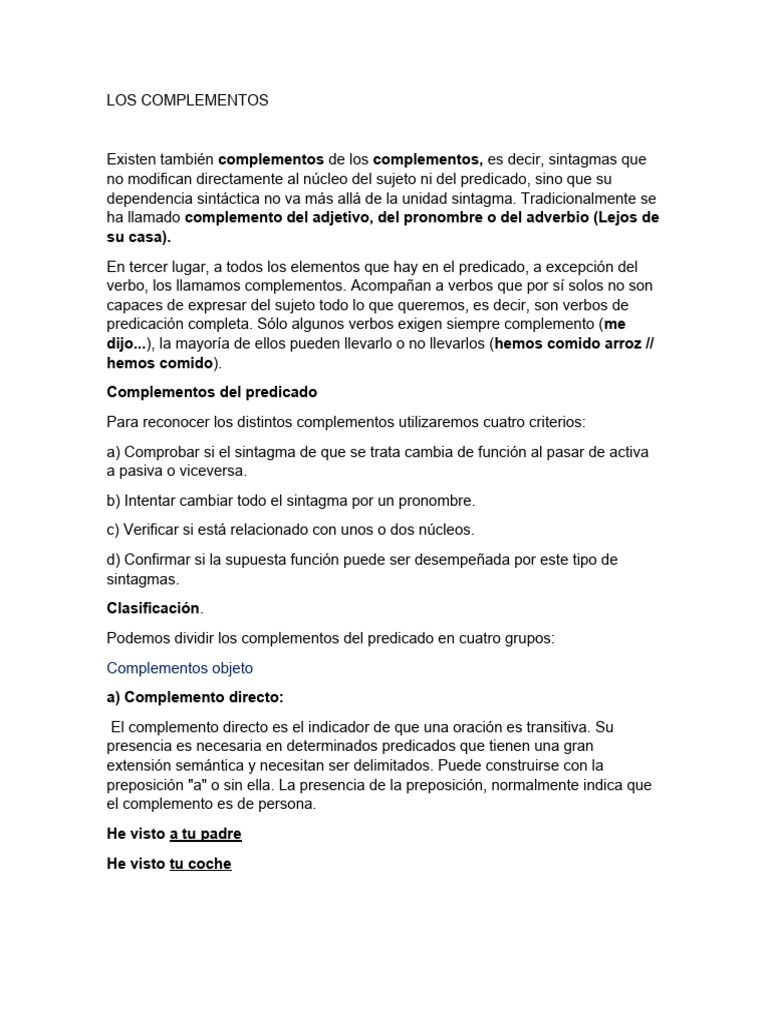 Los Complementos | PDF | Predicado (Gramática) | Verbo