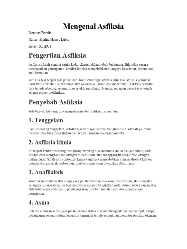 Artikel Mengenal Asfiksia Zhafira Azka Hamsy Lubis XI IPA 1 | PDF