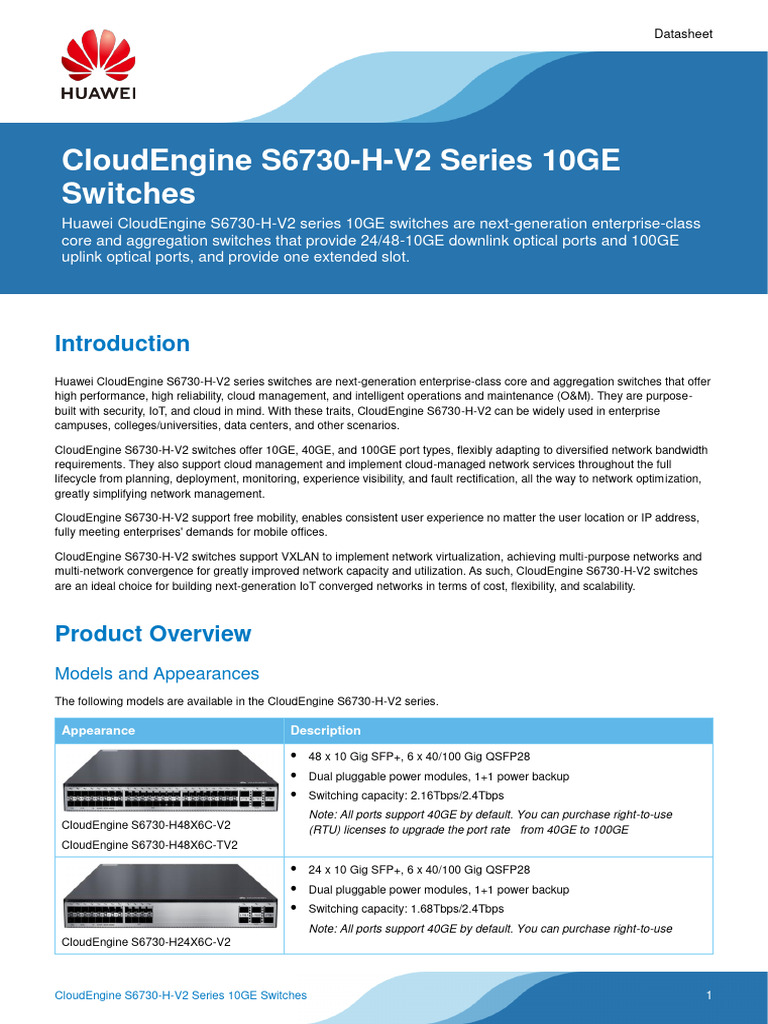 Huawei CloudEngine S6730-H-V2 Series 10GE Switches Datasheet | PDF | Network Switch | Computer ...
