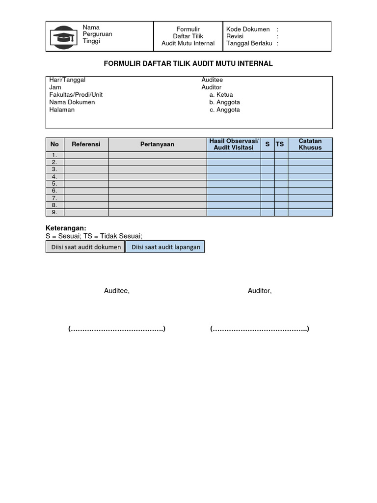 Contoh Daftar Tilik Audit Mutu Internal | PDF