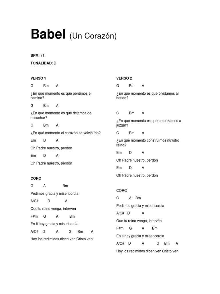 Letra y acordes de "Babel (Un Corazón)" | PDF | orador del Señor ...