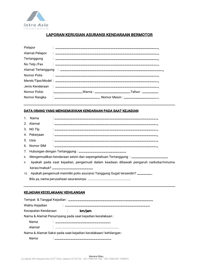 Formulir Laporan Klaim Kendaraan Pt. Asuransi Intra Asia-1 (1) - 1 | PDF