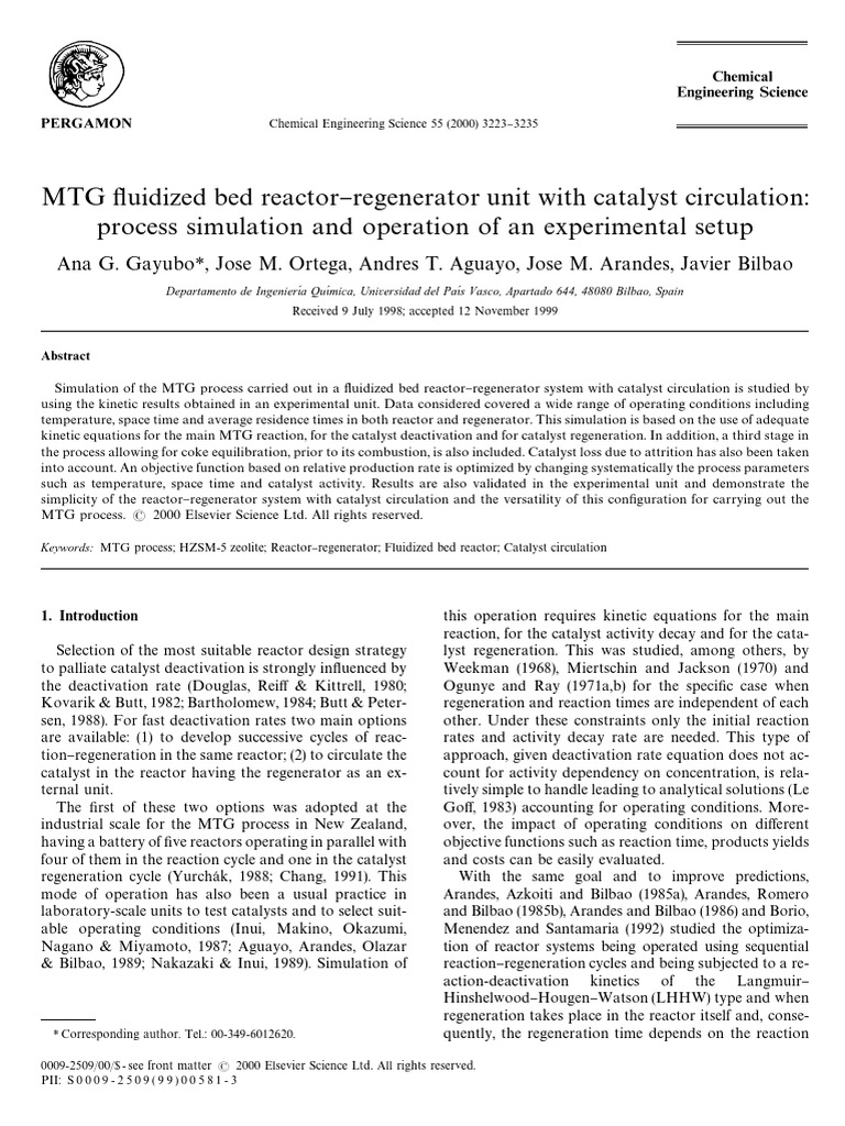 MTG Fluidized Bed Reactor-Regenerator Unit With Catalyst Circulation ...
