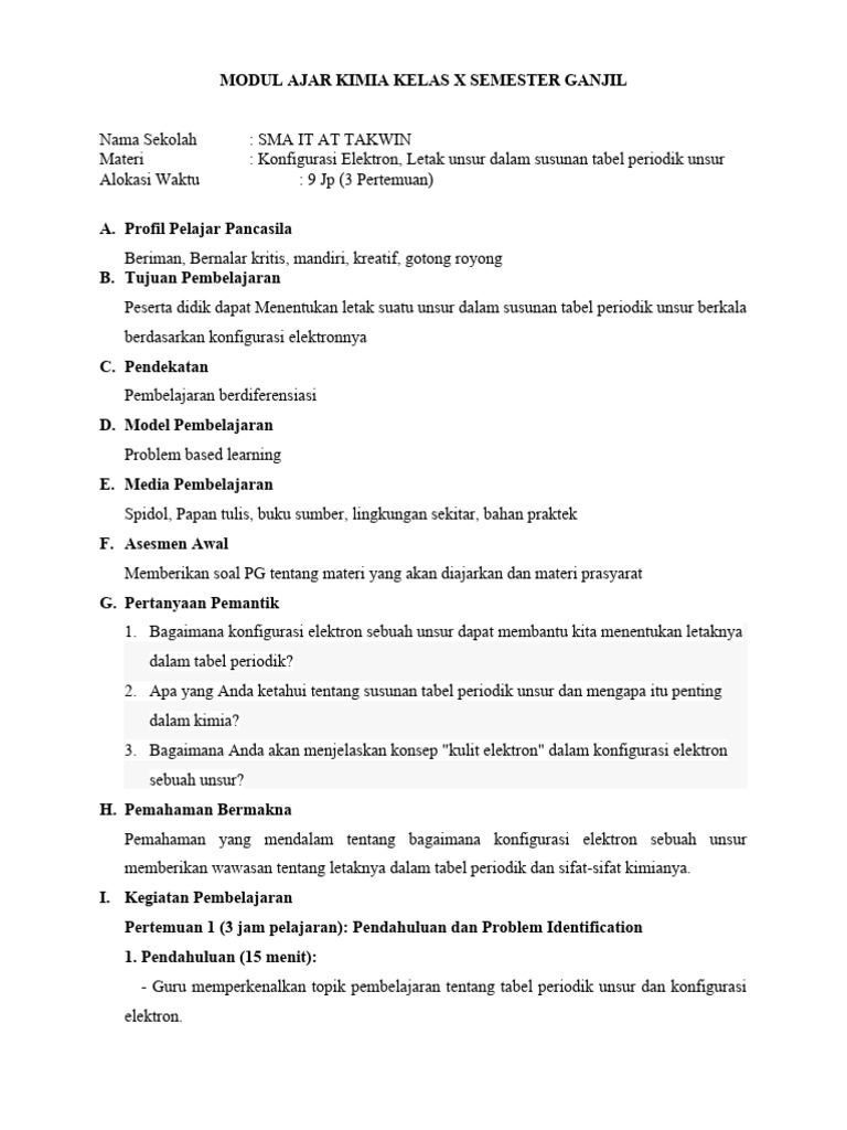 6 Modul Ajar Kimia Kelas X Semester | PDF