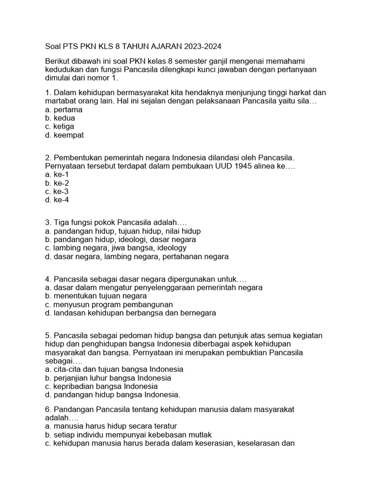 Soal PTS PKN KLS 8 TAHUN AJARAN 2023 | PDF | Sejarah