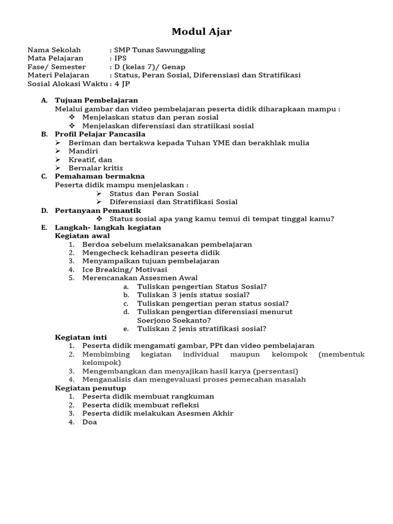 Modul Ajar Status Sosial, Peran Sosial, Differensiasi, Dan Stratifikasi Sosial | PDF