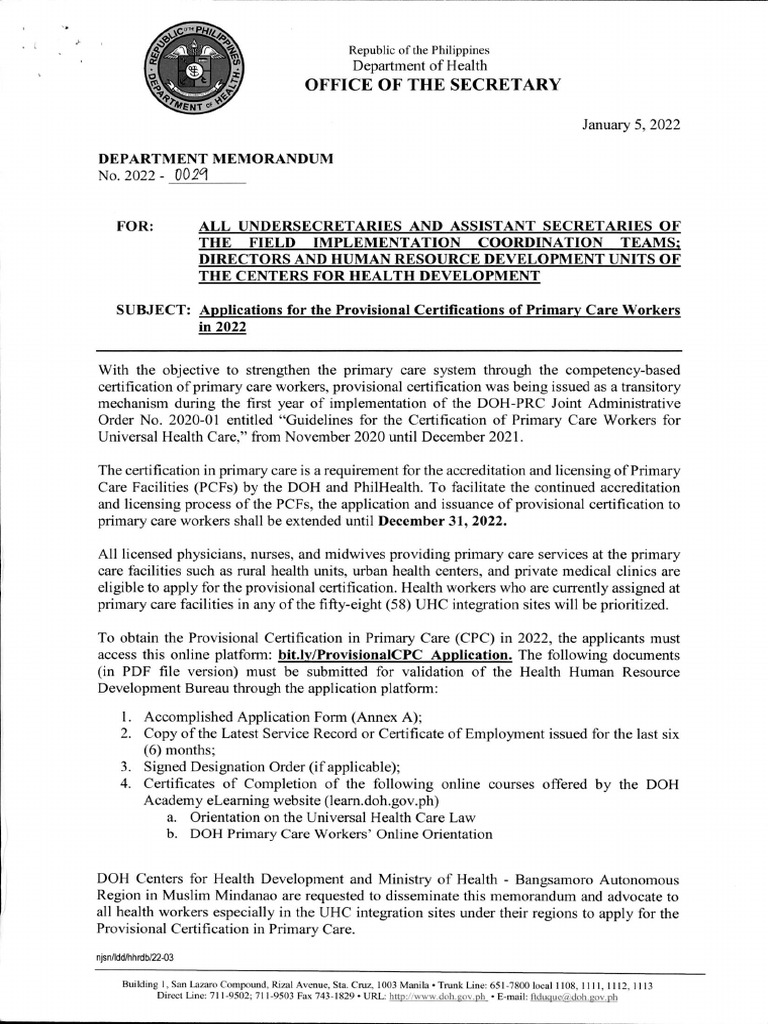 dm2022-0029 Issuance of Provisional Certification of PCW in 2020 | PDF ...