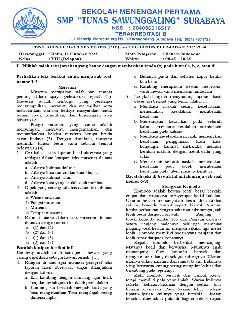 PTS B Indo Kelas 8 Ganjil | PDF