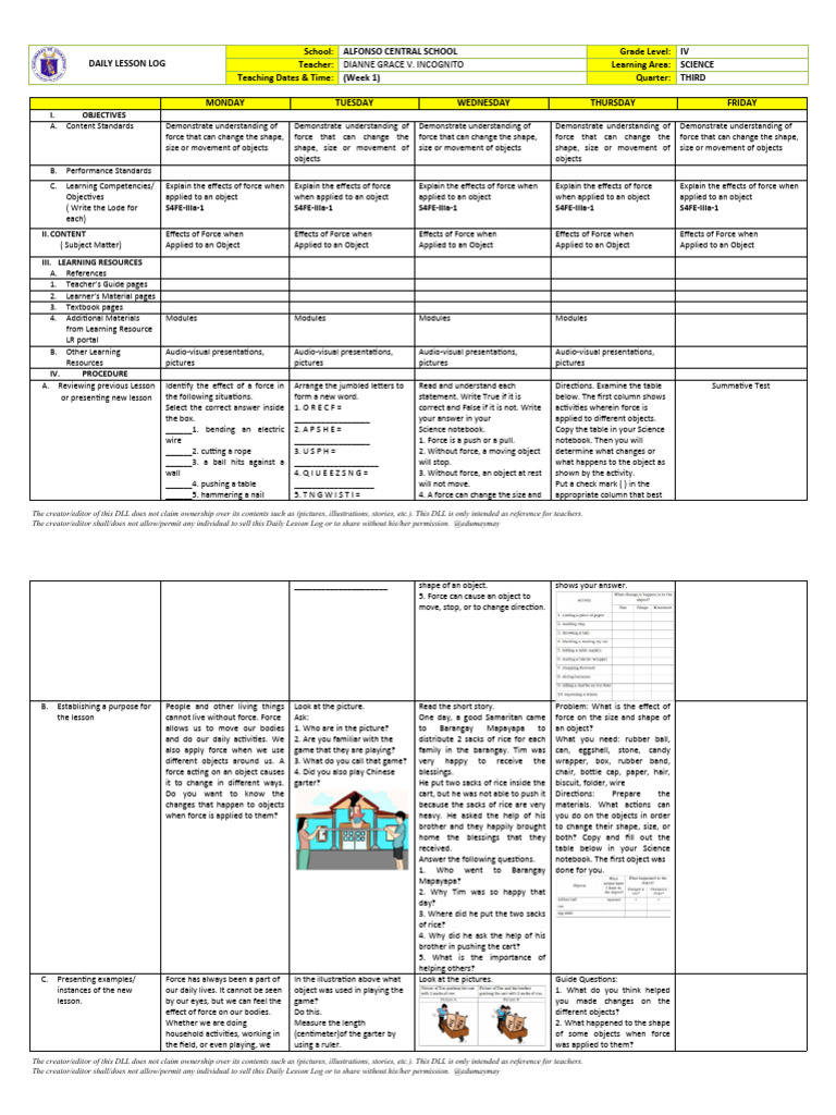 DLL - Science 4 - Q3 - Week 1 | PDF | Force | Learning
