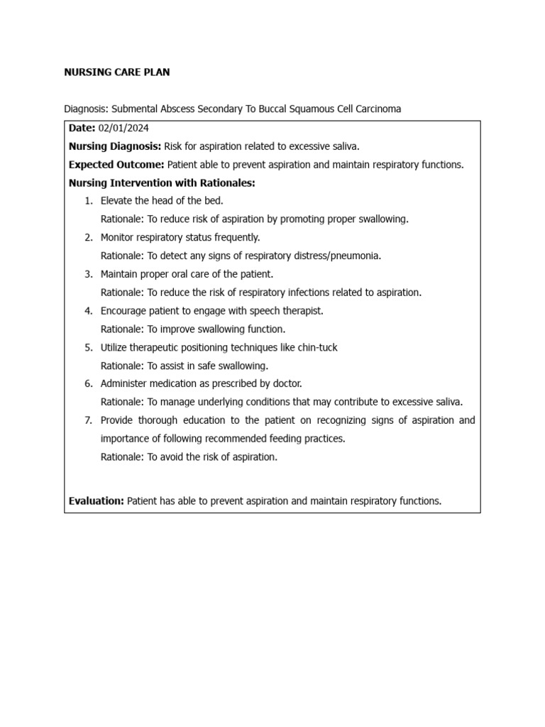 Nursing Care Plan: Risk For Aspiration | PDF