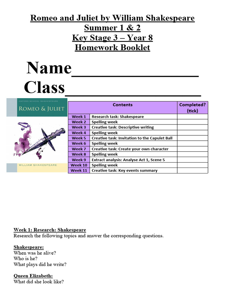 Romeo and Juliet Homework Booklet | PDF | Romeo And Juliet | Characters ...