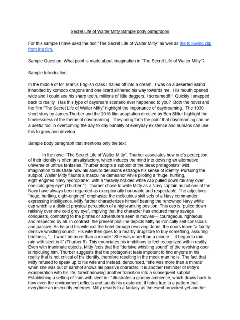 Sample Body Paragraph For The Movie Walter Mitty | PDF