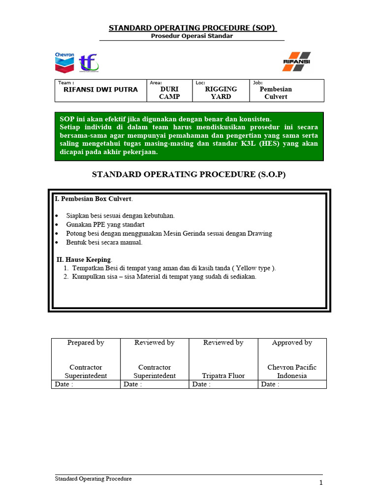 SOP Pembesian Box Culvert Duri Camp | PDF