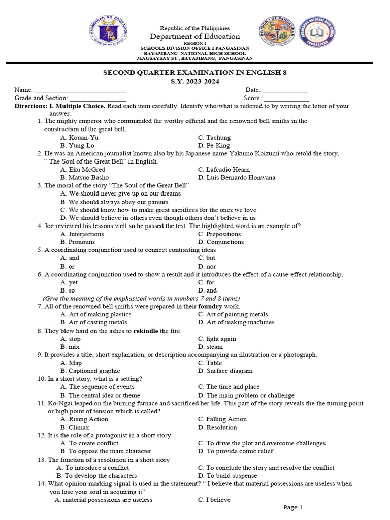 2ND Quarter Exam in English 8 2023 2024 Knoll | PDF | Chart