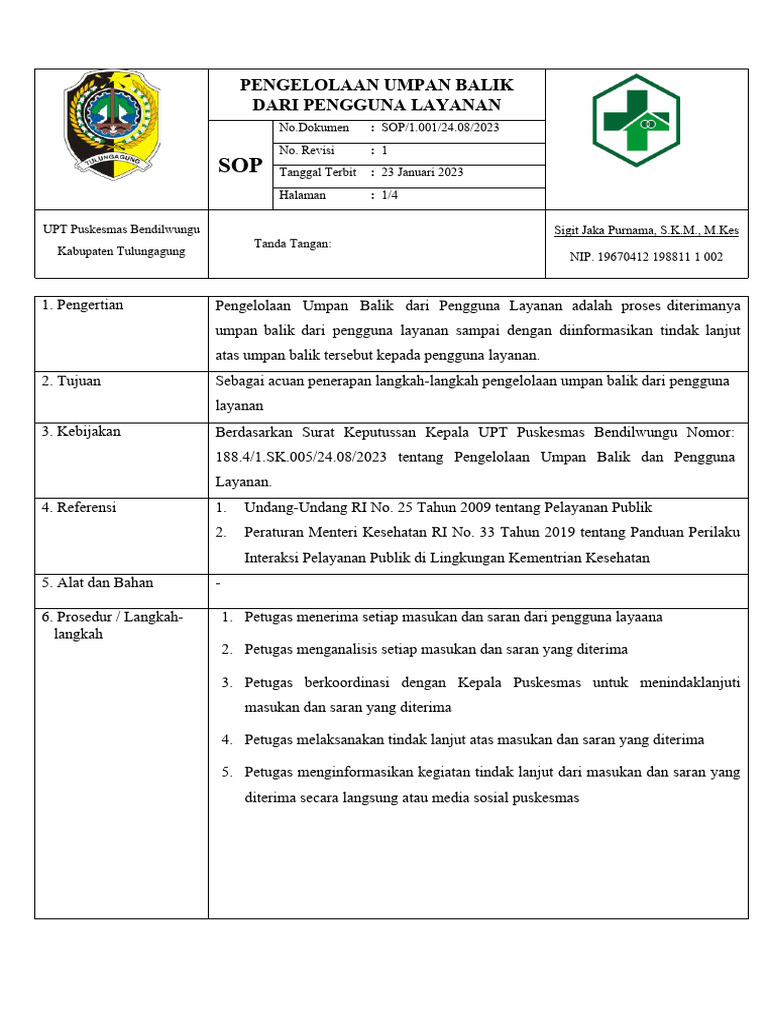 1.1.2 Ep D Sop Pengelolaan Umpan Balik Dari Pengguna Layanan | PDF