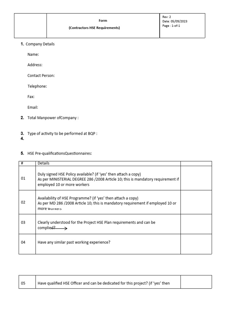 Subcontractor HSE Assessment Template | PDF | Safety