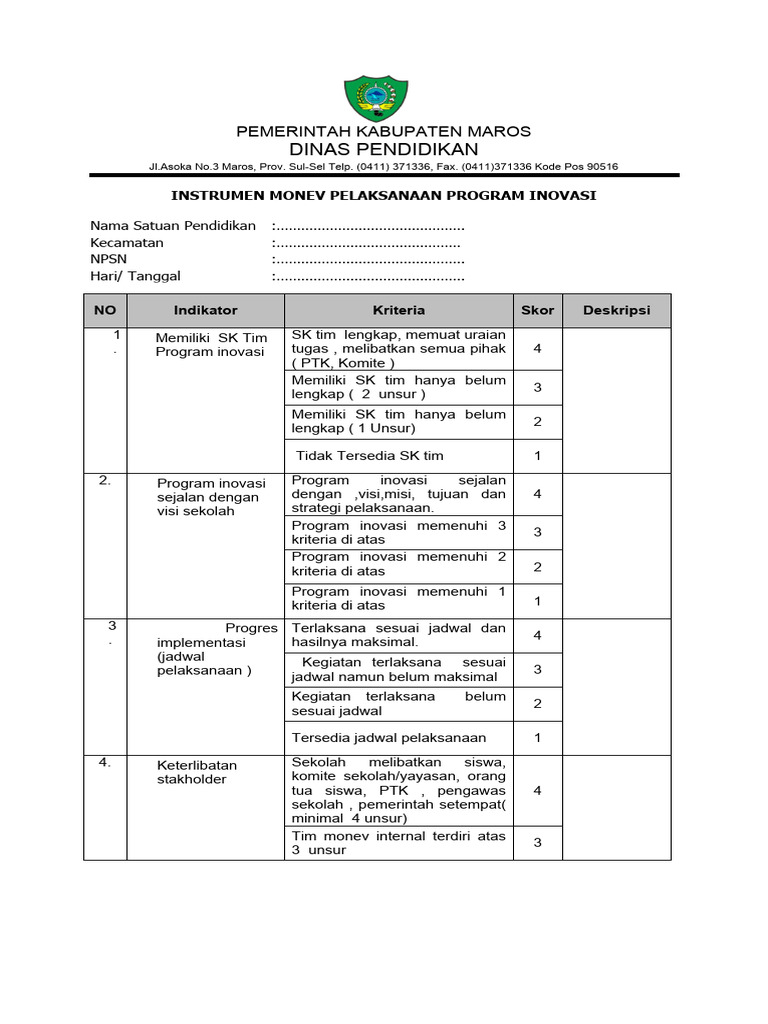 Instrumen Monev Program Inovasi Sekolah | PDF