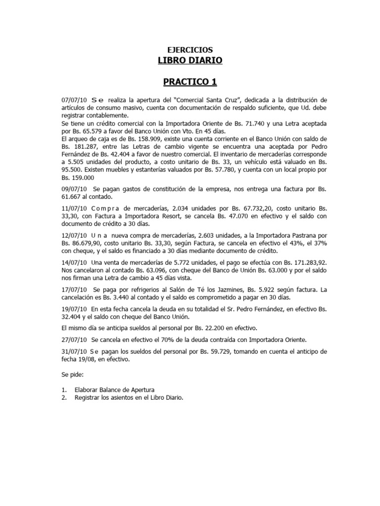 EJERCICIOS LIBRO DIARIO - para Contab. II | PDF | Bancos | Cheque