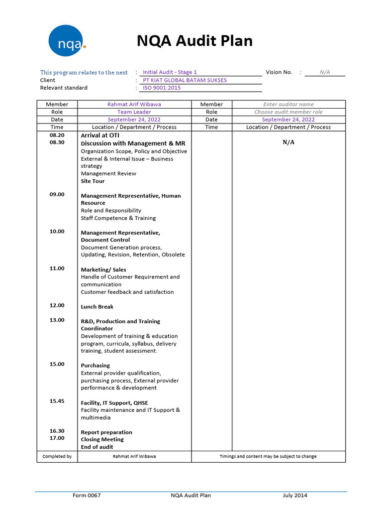 Form 0067 - Nqa Audit Plan Iso 9k PT Kiat Global Batam Sukses - 2022 | PDF | Internal Audit | Audit