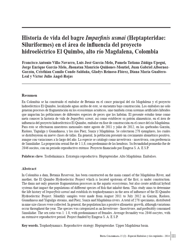 Villa Navarro Et Al. 2014. Historia de Vida Del Bagre Imparfinis Usmai ...