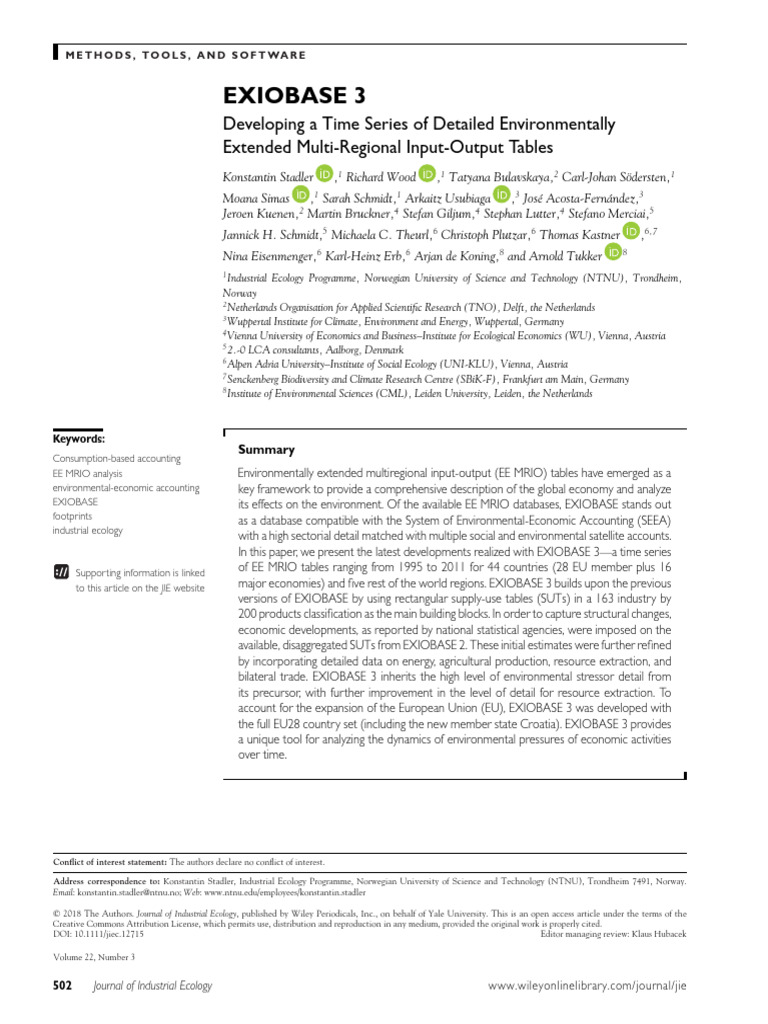 J of Industrial Ecology - 2018 - Stadler - EXIOBASE 3 Developing A Time Series of Detailed ...