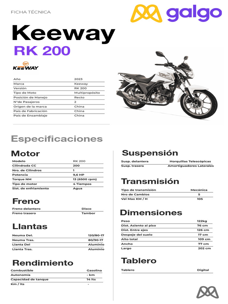 Ficha Tecnica Keeway RK 200 Galgo Chile | PDF