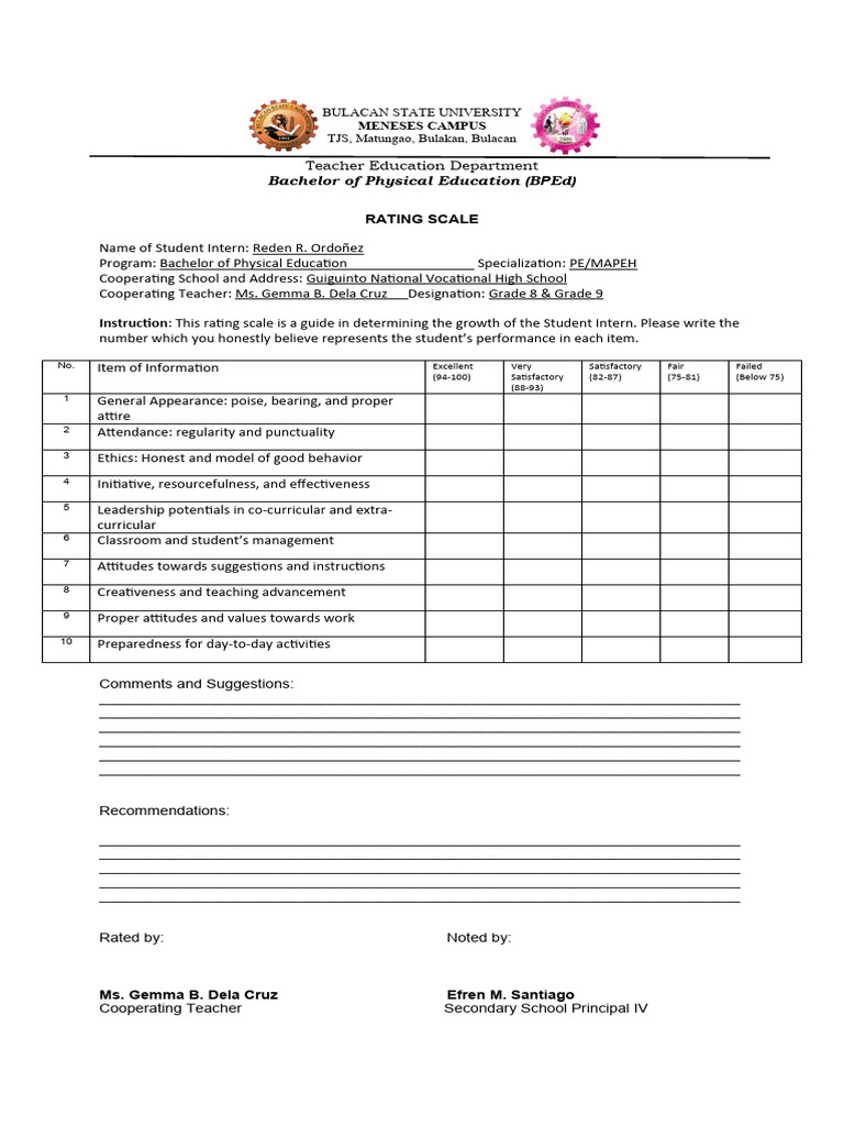 Rating Scale Internship (1) (1) | PDF | Cognition | Behavior Modification