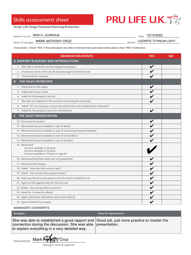 Insurance Agent Skills Checklist | PDF | Insurance