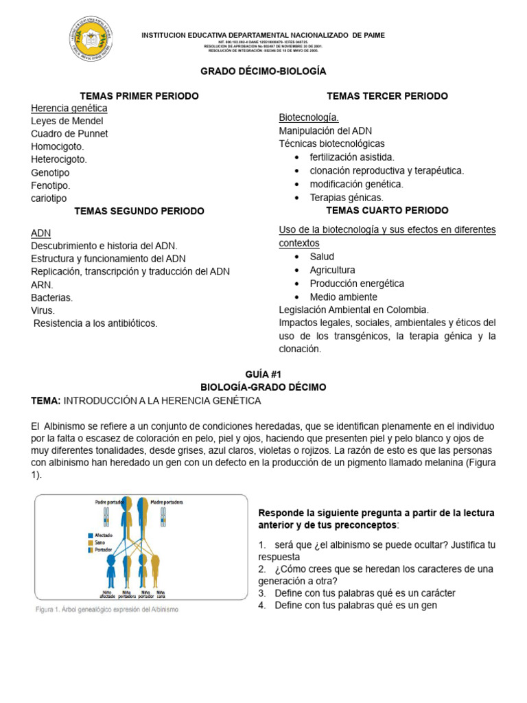 Taller 1 - Introducción A La Herencia Genética - Grado Décimo | PDF | Genética | Herencia
