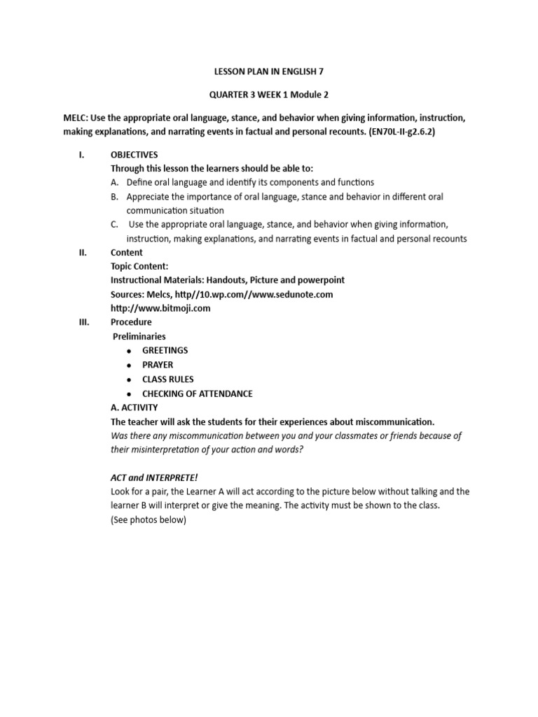 Lesson Plan in English 7 Final | PDF | Information | Learning