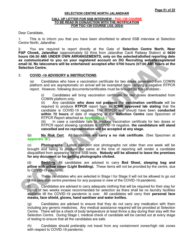 Call Up Letter SCN Jalandhar For TGC 139 Course | PDF | Computer Science | Engineering