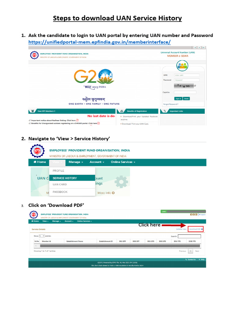 Steps To Download UAN Service History | PDF