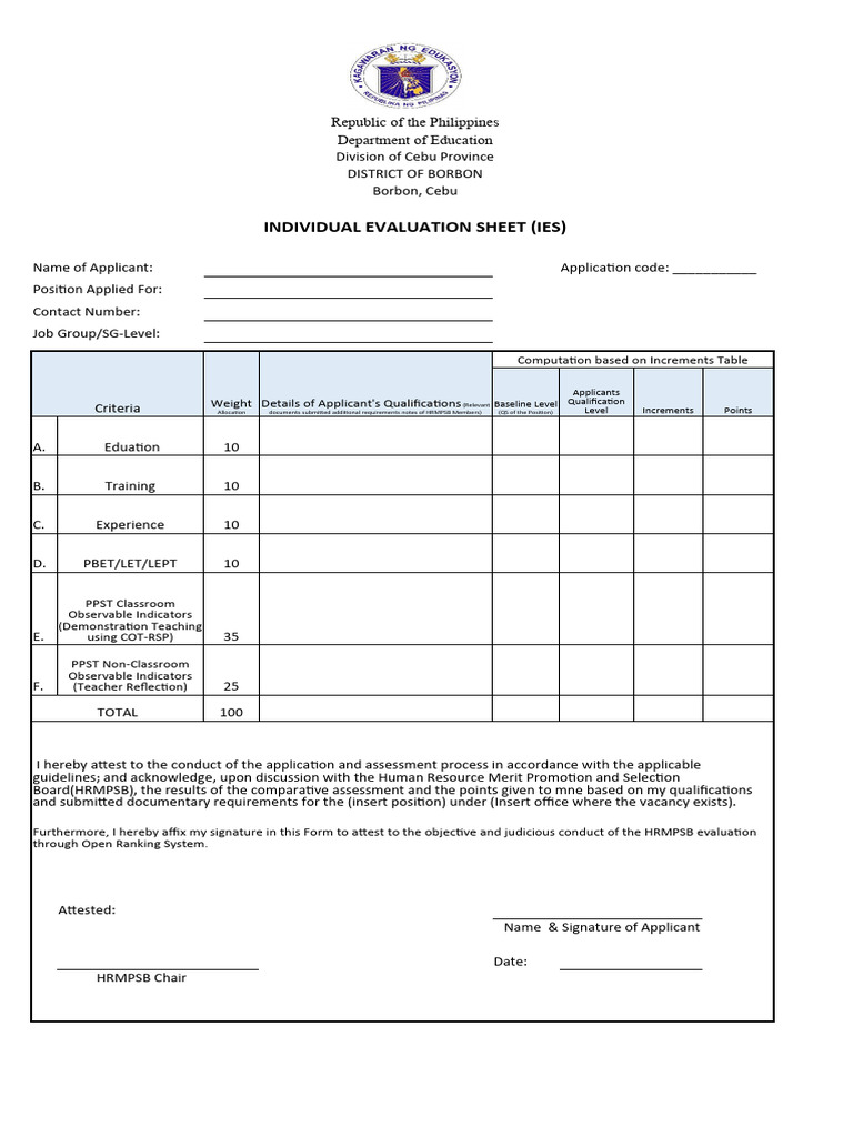 Individual Evaluation Sheet Teacher 1 Applicant Pdf