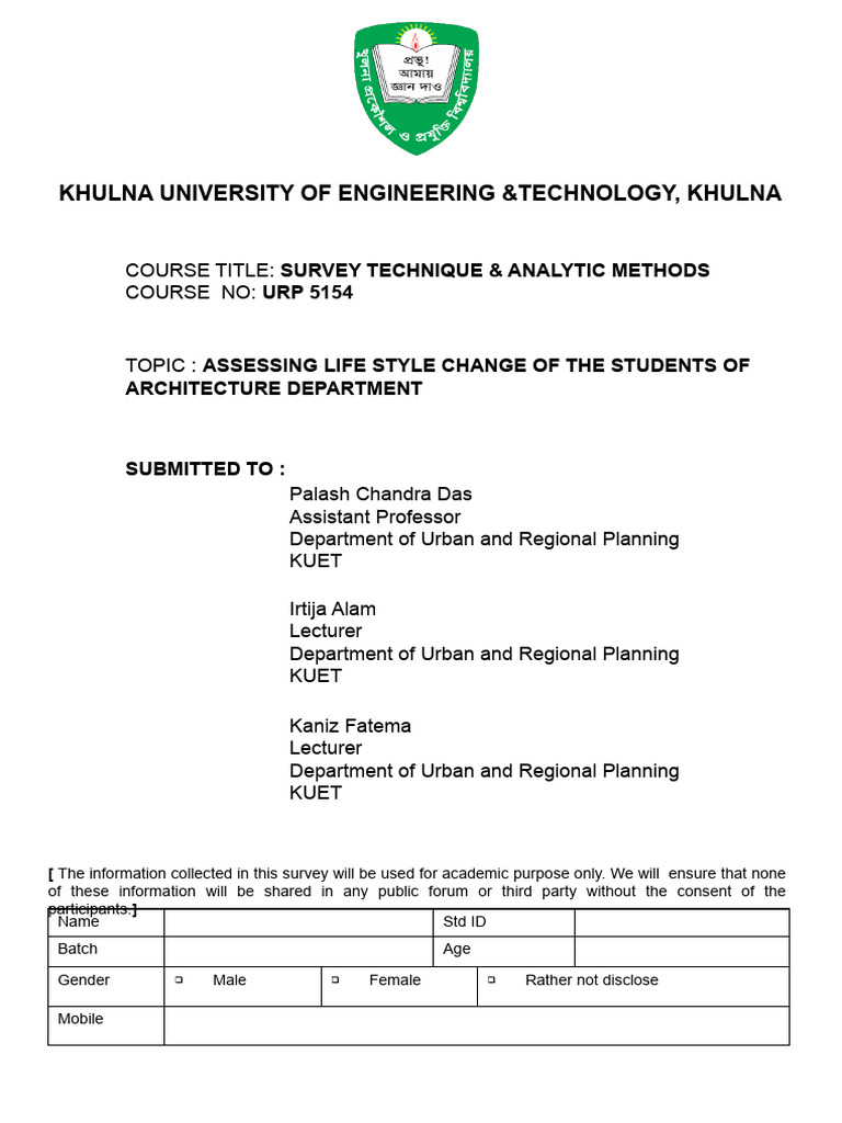 URP - Questionnaire Sample | PDF | Mental Disorder | Meal