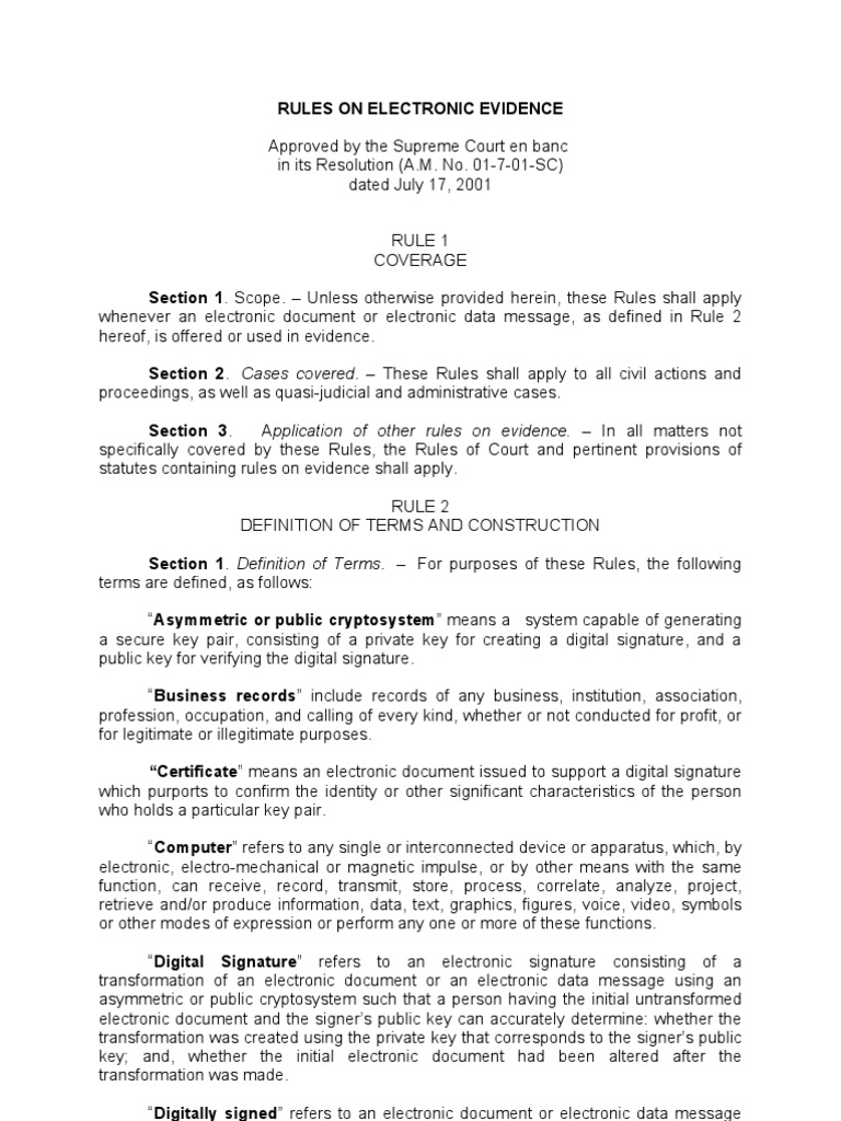 Rules on the Admissibility and Authentication of Electronic Evidence and Digital Signatures in ...