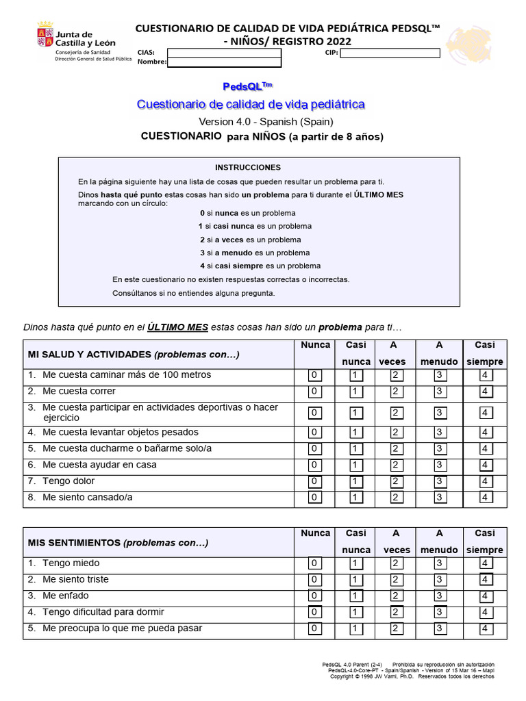 Pedsql - Calidad de Vida A Partir de de 8 Anos | PDF