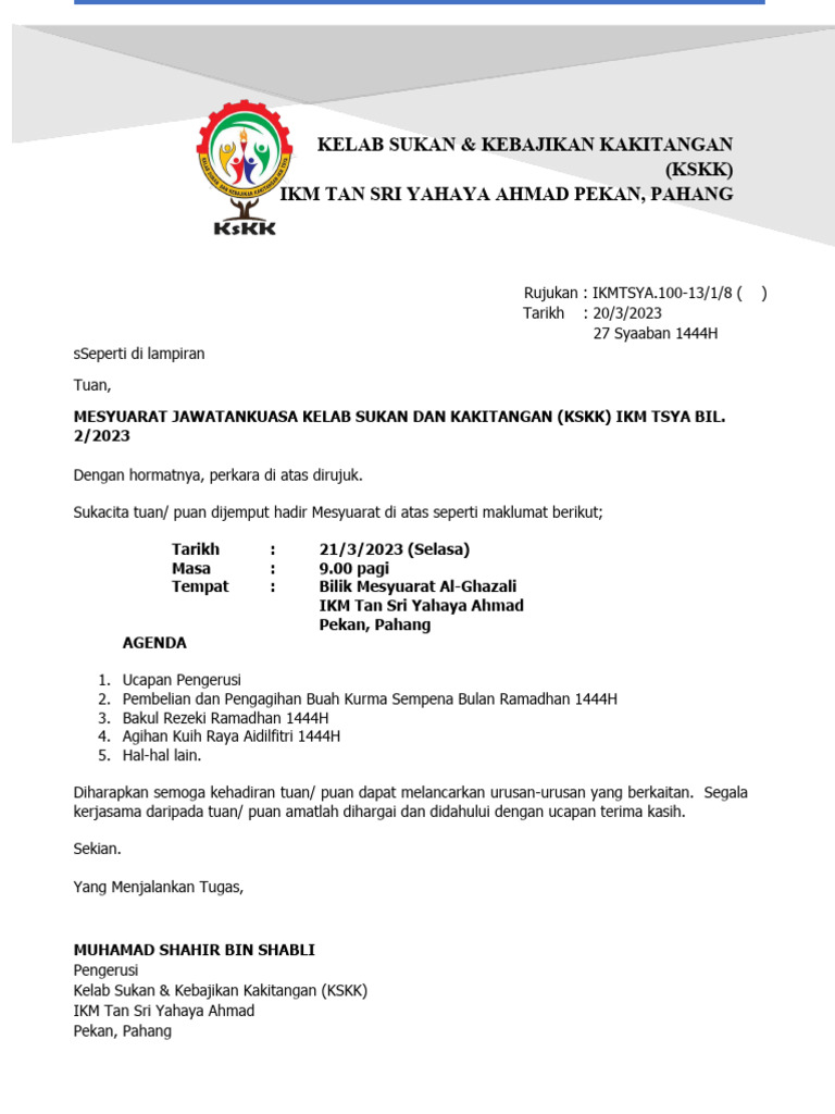 Mesyuarat Jawatankuasa KSKK Ikm Tsya Bil.22023 | PDF